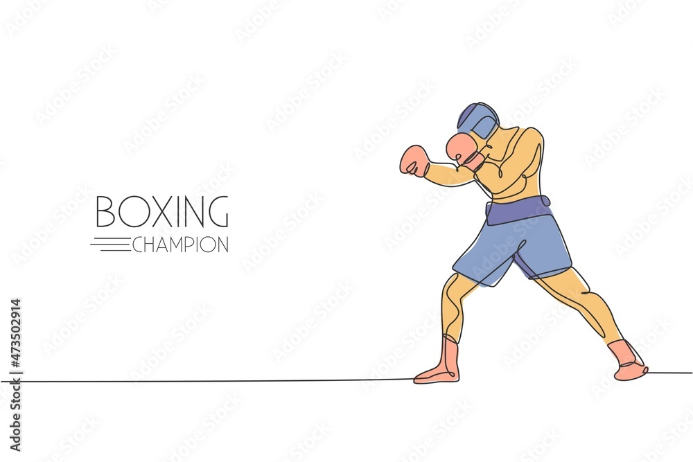 One single line drawing of young energetic man boxer practicing at ...