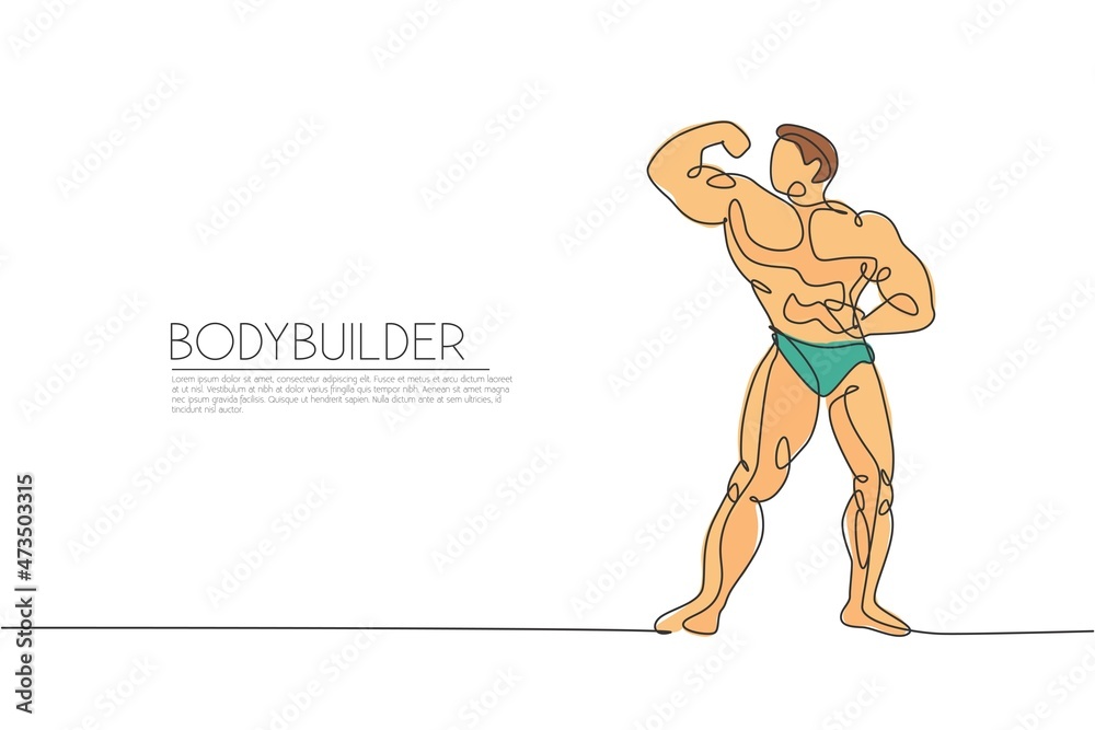 One continuous line drawing young strong model man bodybuilder pose confidently. Fitness center ...