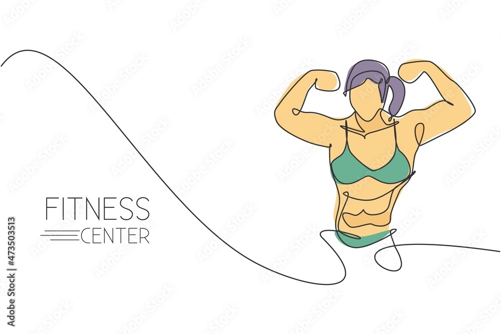 One continuous line drawing of young strong model woman bodybuilder ...