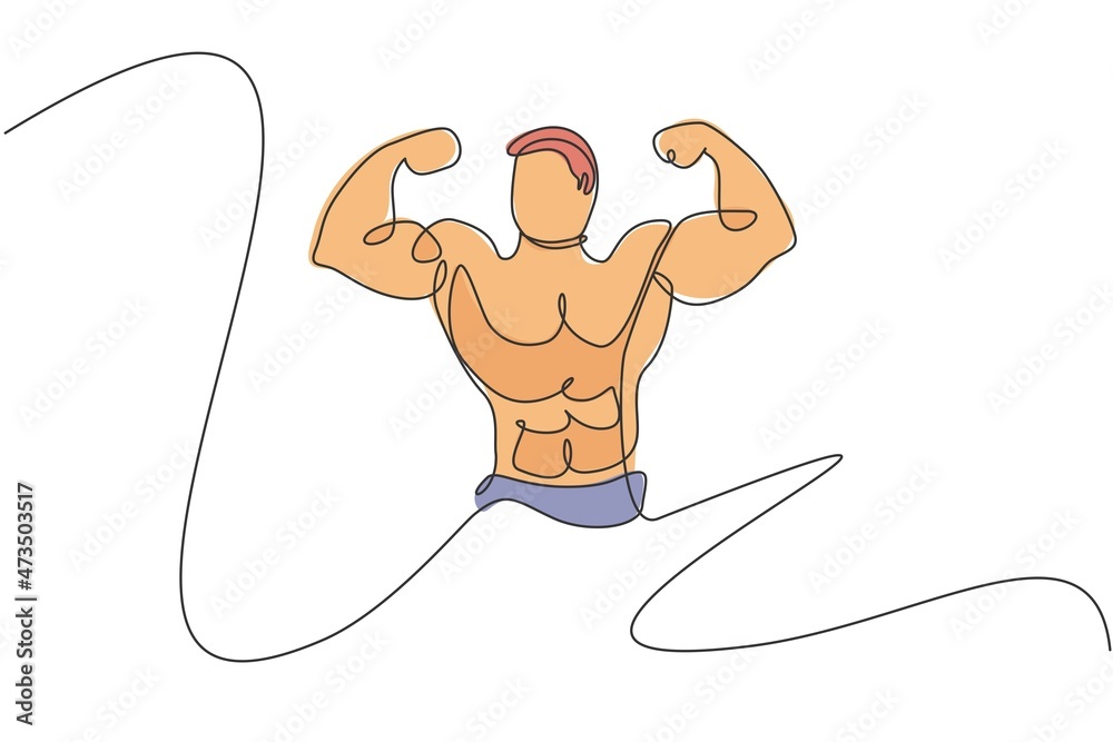 One single line drawing of young energetic model man bodybuilder pose charmingly vector ...