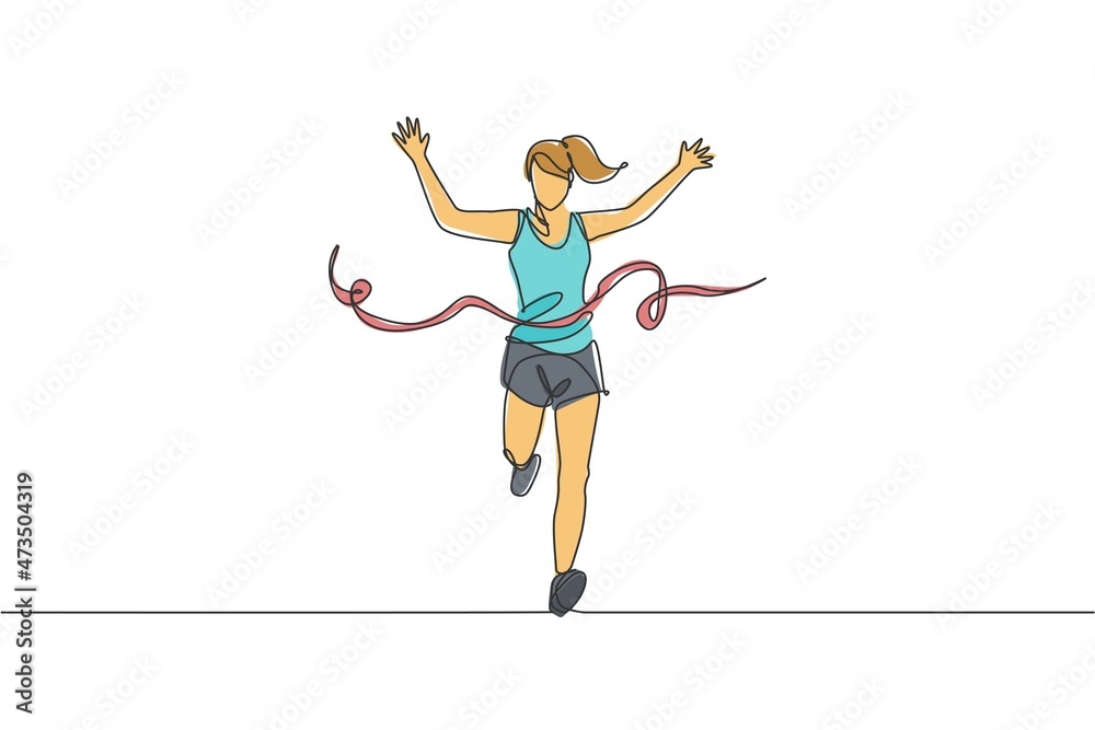 Single continuous line drawing young happy health runner woman running ...