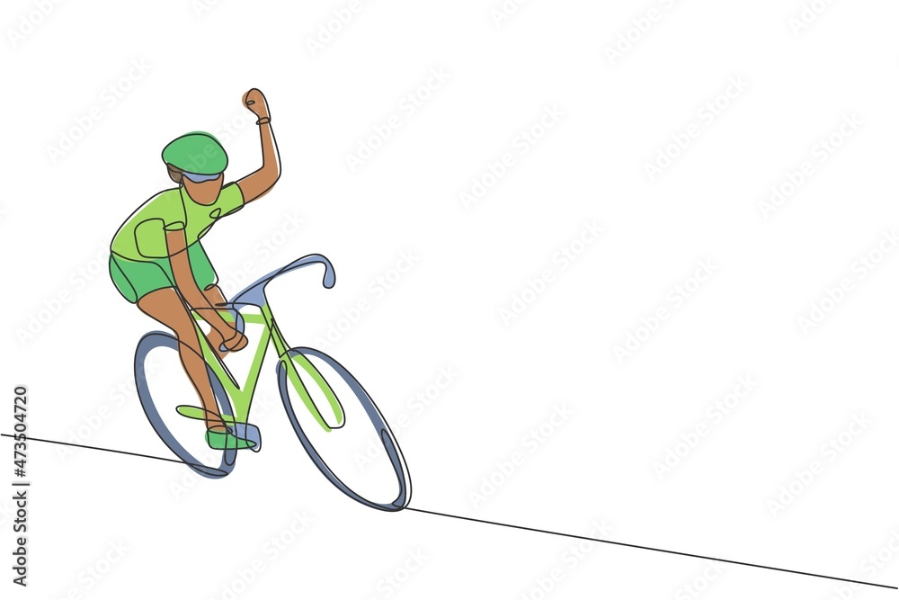 One continuous line drawing of young sporty man bicycle racer wave hand ...