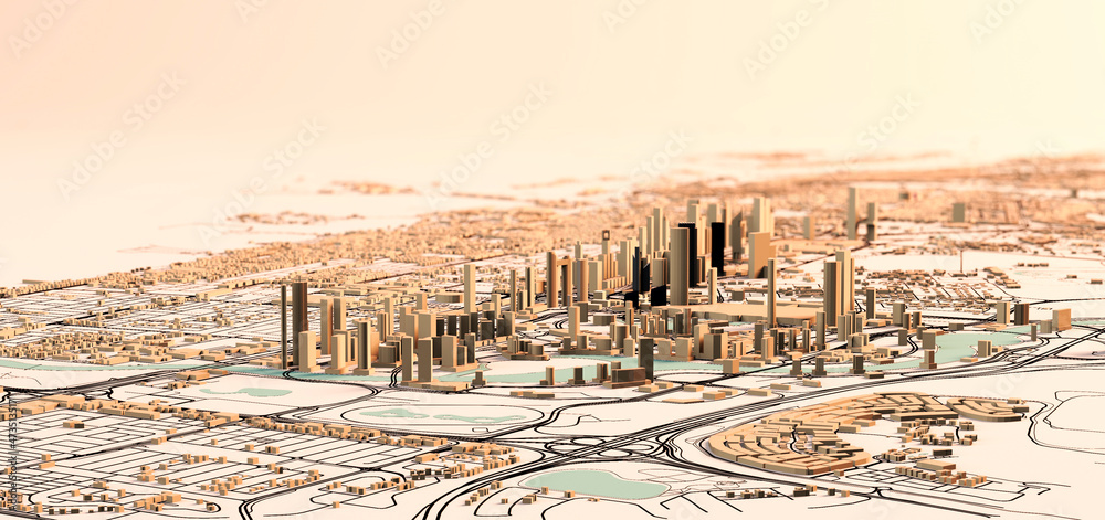Satellite map of Dubai, United Arab Emirates, city streets. Palaces ...