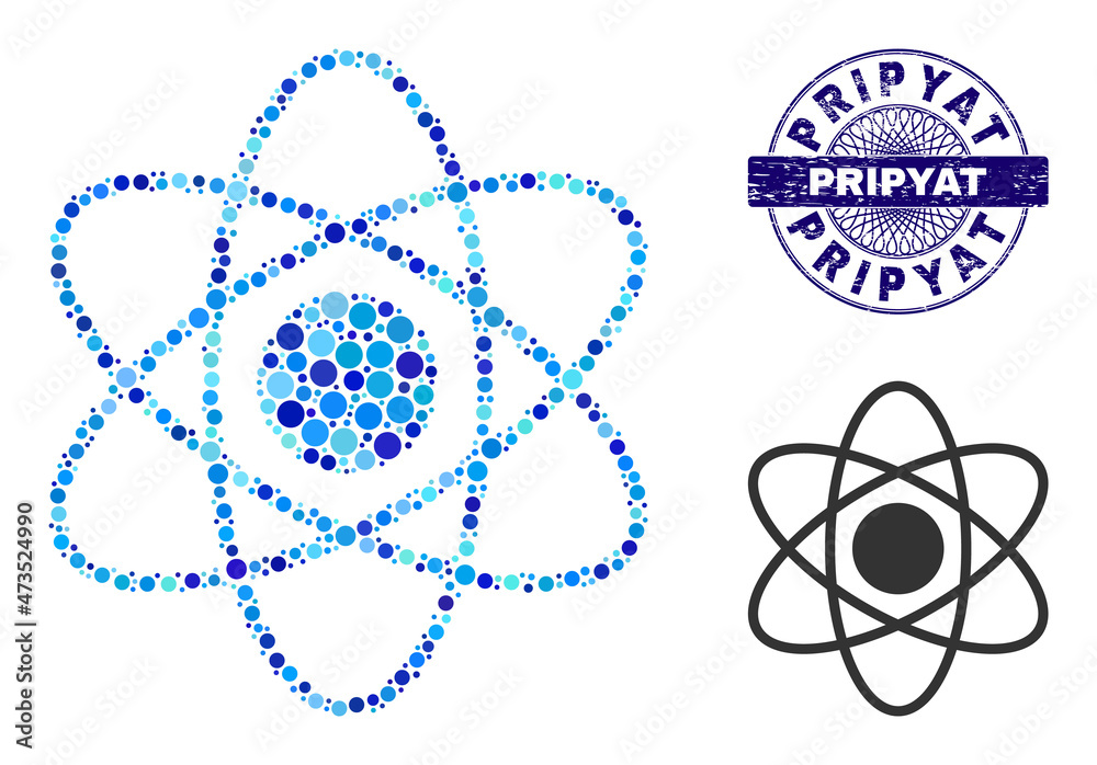 Circle composition atom icon and PRIPYAT round scratched stamp ...