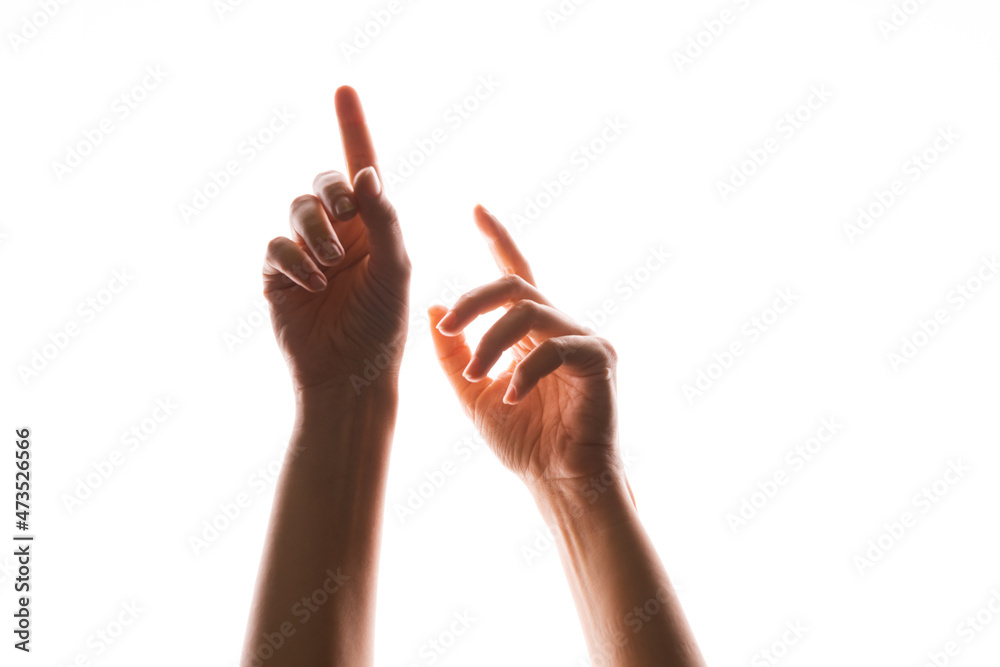 Hand gestures. Elegant female hands point upward, isolated on white ...
