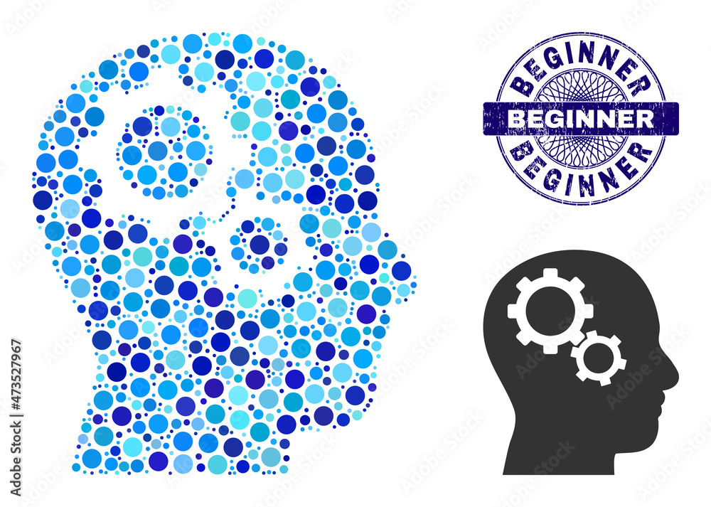 Circle collage brain gears icon and BEGINNER round scratched seal. Blue ...