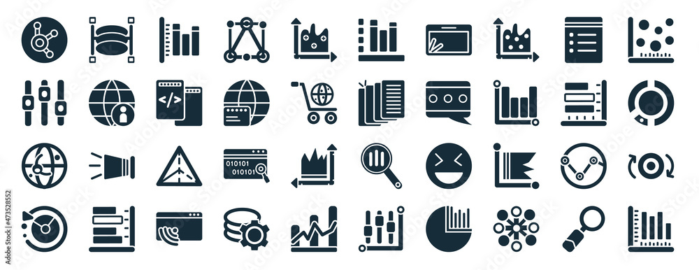 set of 40 filled user interface web icons in glyph style such as data analytics cylinder, box ...