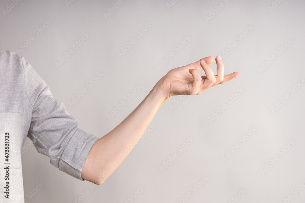 Hand gestures, Poke your finger, point to the side. businesswoman in a ...