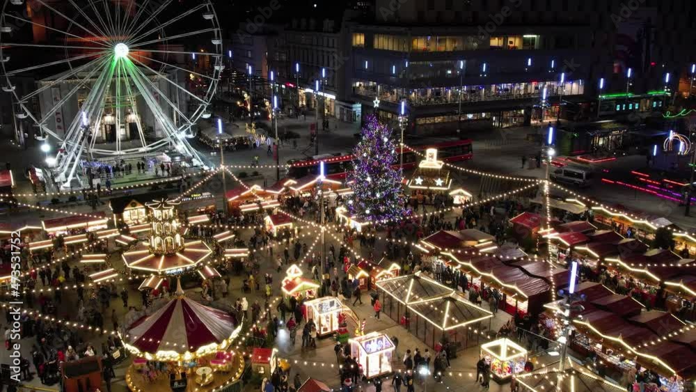 Christmas Market, aerial view. Christmas carousels, an ice rink, a huge ...