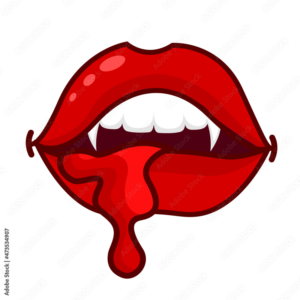 Bloody vampire mouth red lips and sharp teeth with dripping blood drops ...