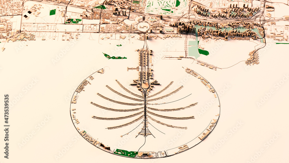 Satellite map of Dubai, United Arab Emirates, city streets. Palaces ...