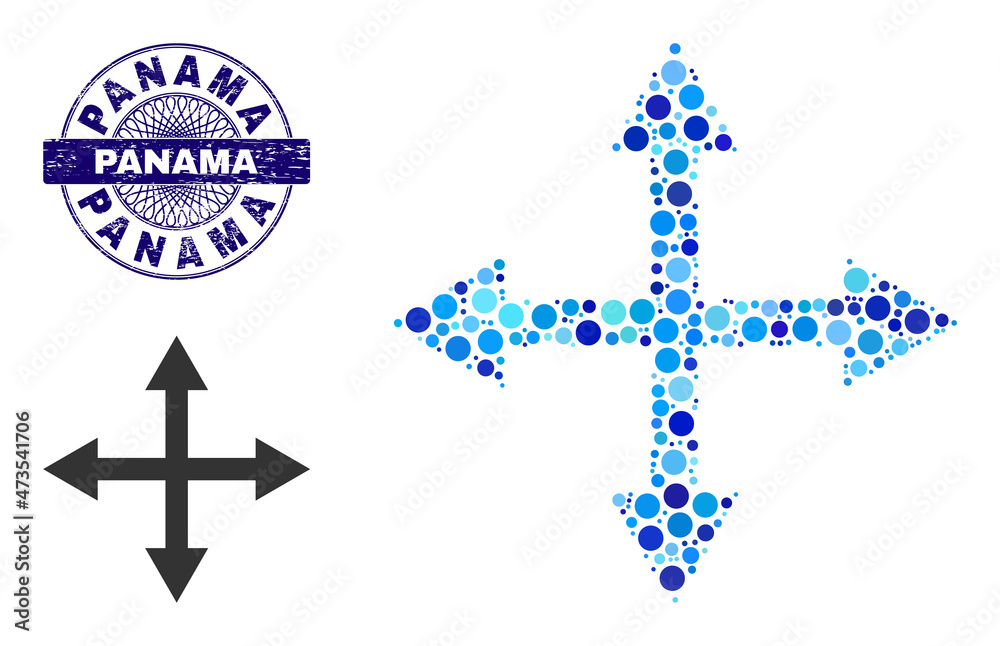 Round dot combination expand arrows icon and PANAMA round dirty stamp ...