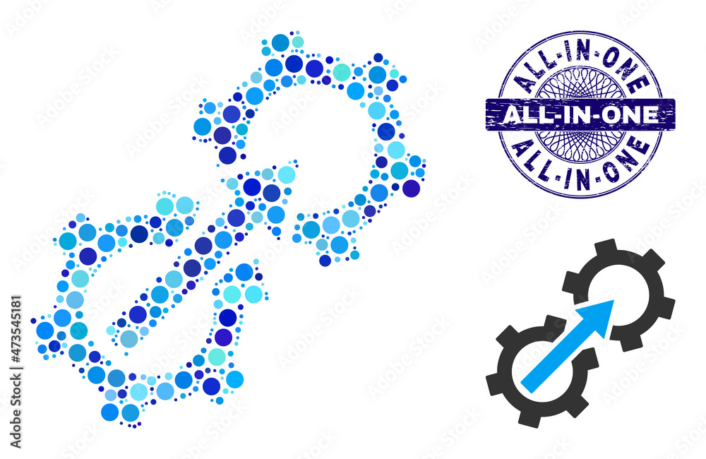 Round dot collage gear integration icon and ALL-IN-ONE round grunge ...