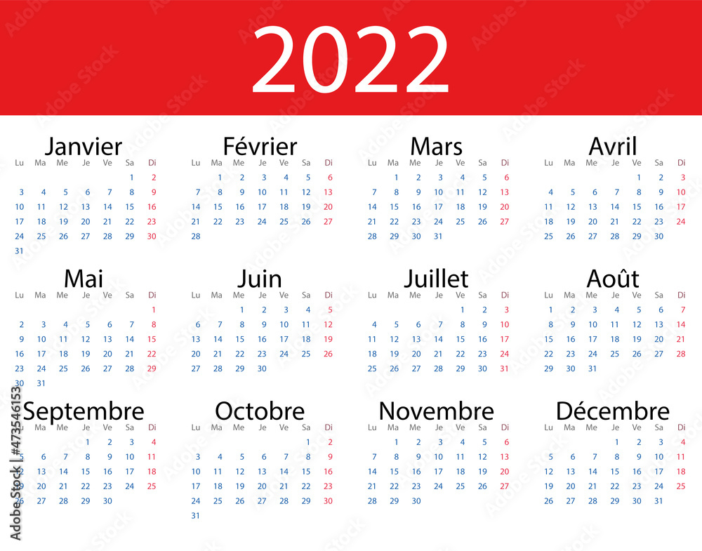 Calendario 2022 en francés Stock Vector | Adobe Stock