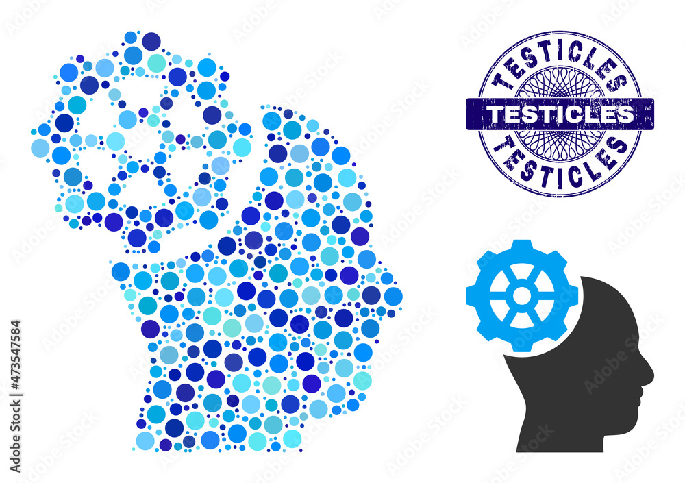 Rounded dot mosaic head gear icon and TESTICLES round dirty seal. Blue ...