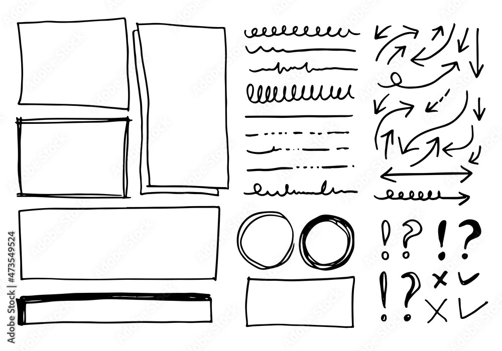 Doodle vector lines and curves.Hand drawn check and arrows signs. Set ...