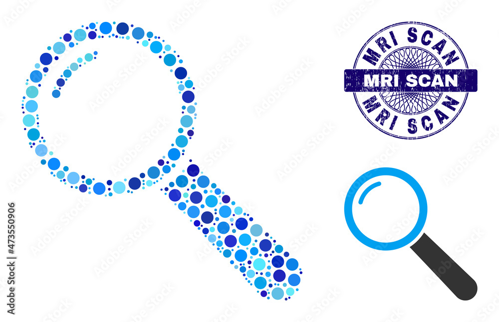 Circle collage magnifier icon and MRI SCAN round dirty stamp seal. Blue ...