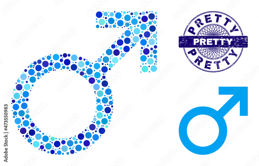 Circle collage male symbol icon and PRETTY round scratched stamp seal ...