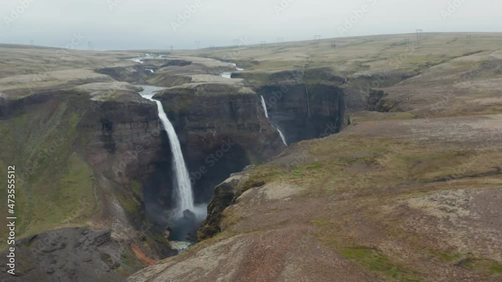 Aerial view of Haifoss and Granni waterfall jumping into ...