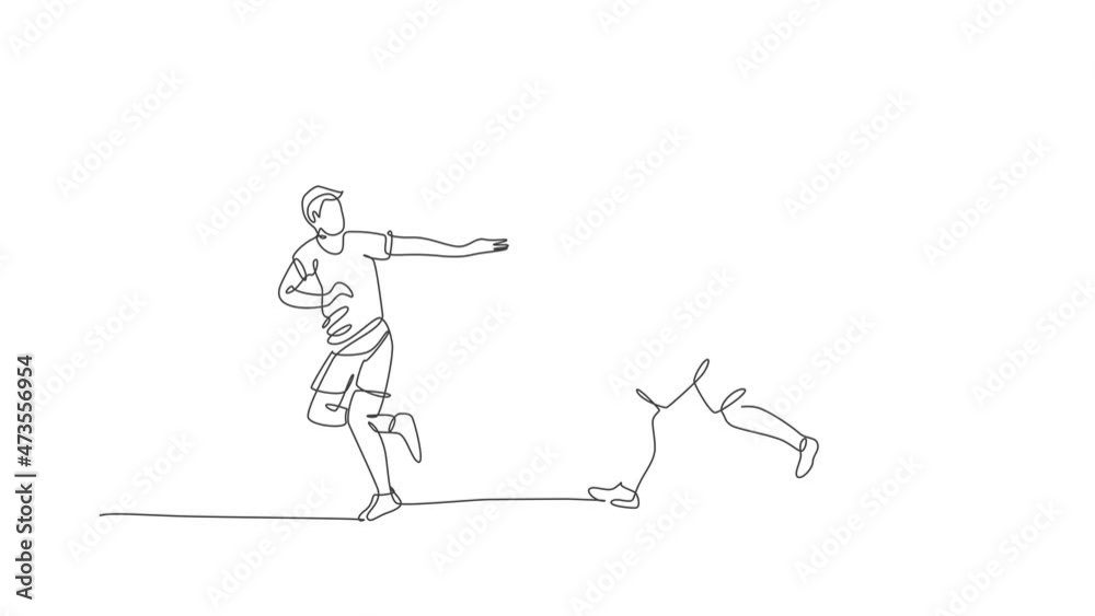 Animation of one line drawing young happy runner man pass baton stick ...