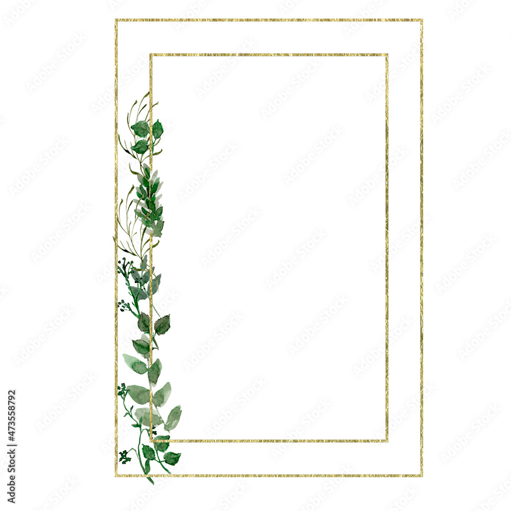 Gold Glitter rectangle frame, Watercolor hand painted floral geometric ...