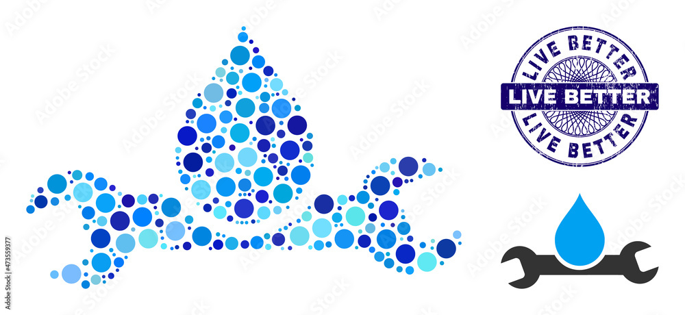 Vetor de Round dot collage plumbing icon and LIVE BETTER round corroded ...