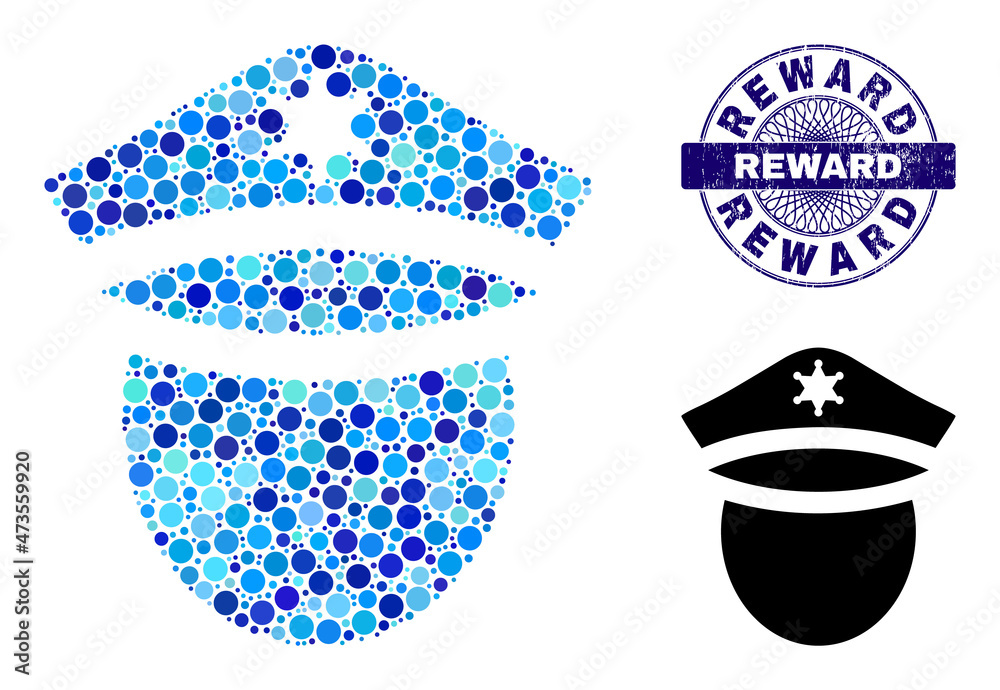Round dot combination police head icon and REWARD round textured seal ...