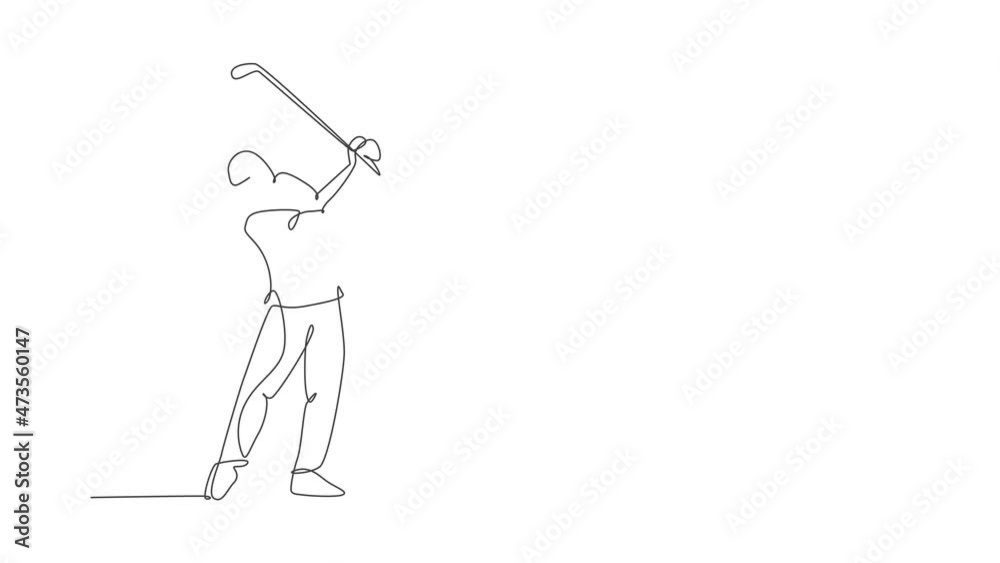 Animation of one single line drawing of young sporty golf player hit ...