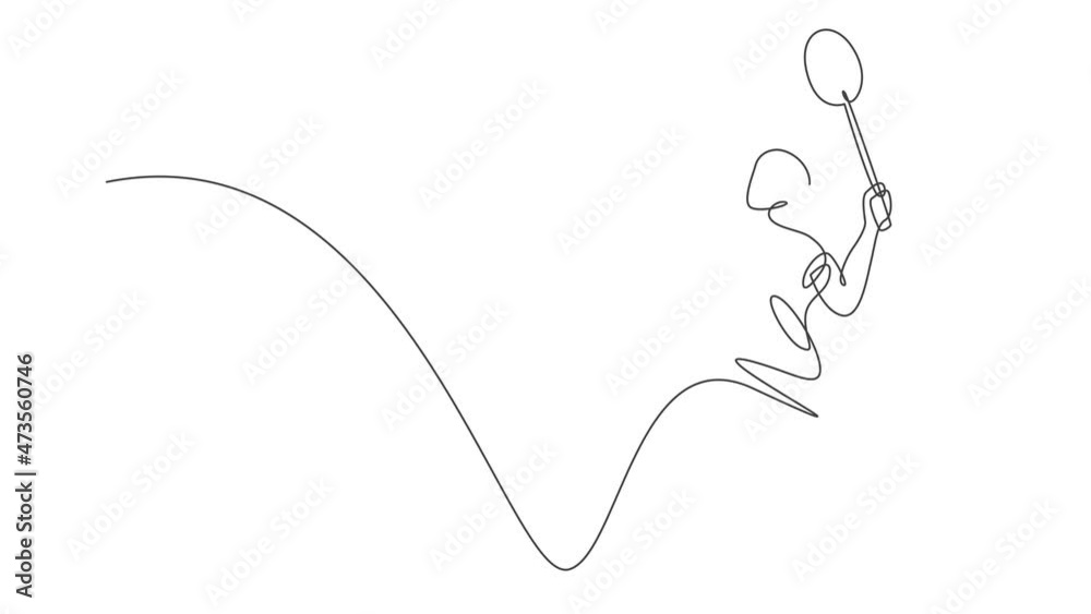Animation of one line drawing of energetic man badminton player hit ...