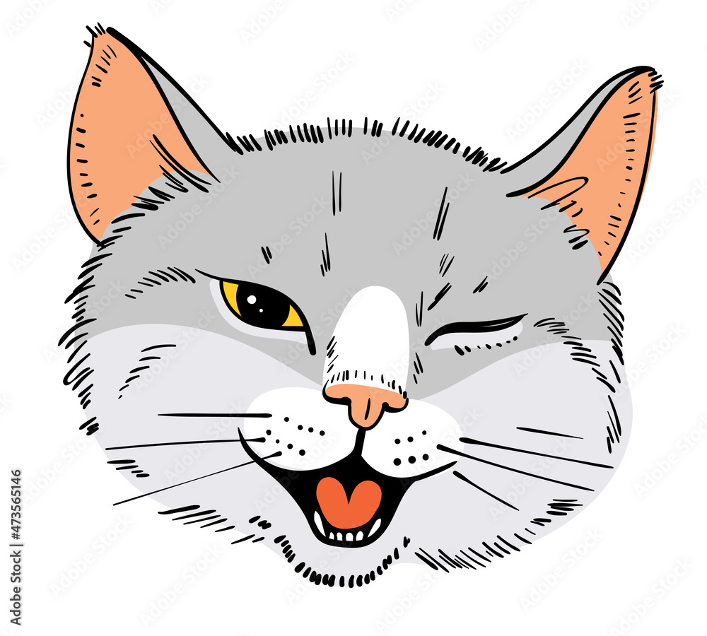 Cat portrait drawing. Feline grin. Cat stuck out his tongue and winks ...