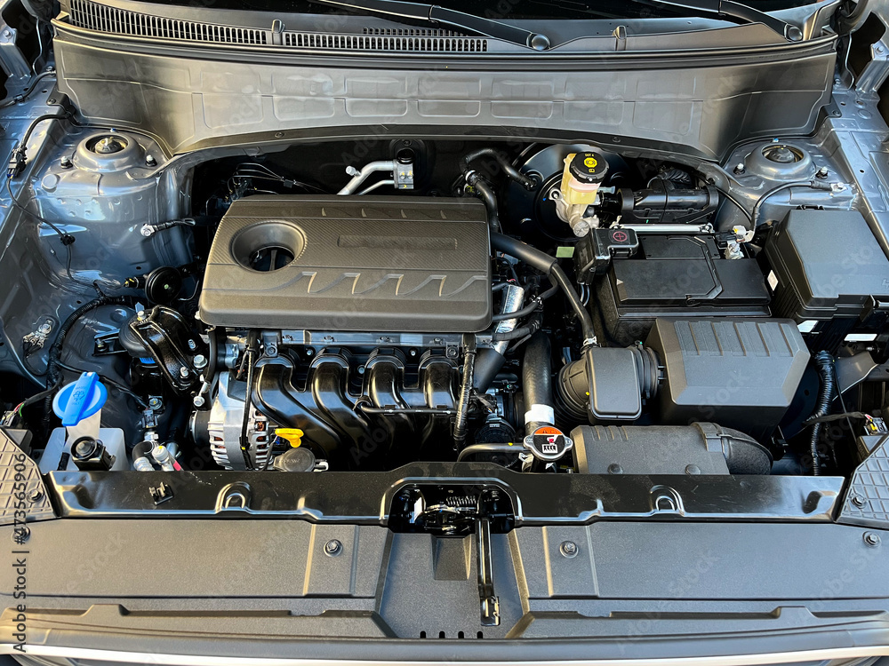 The engine compartment of the car, a view of the engine. Four-cylinder ...