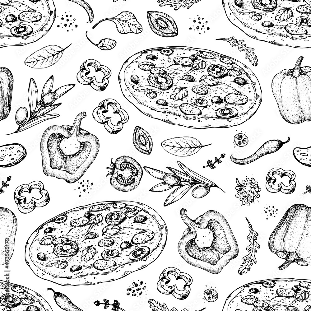 Italian pizza and ingredients. Seamless pattern. Italian food menu ...