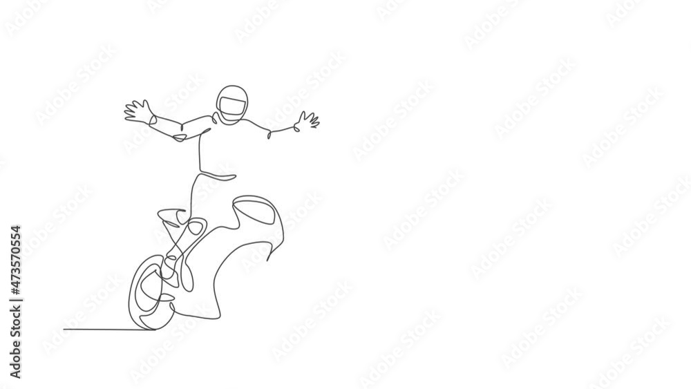 Animation of one line drawing of moto biker open up his hands to ...