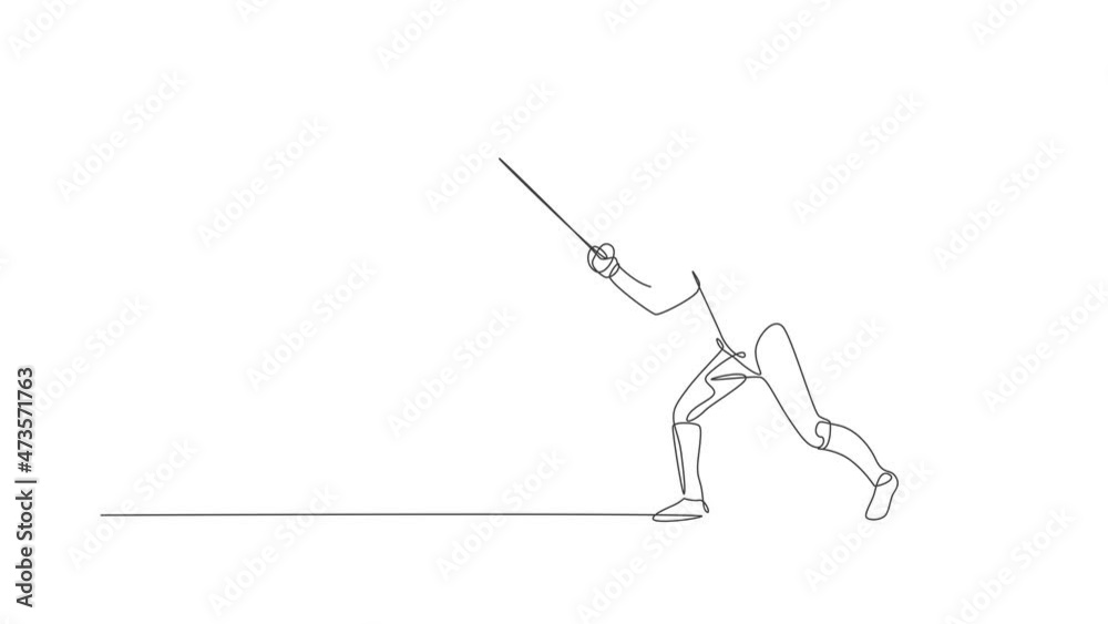 Animated self drawing of continuous line draw young woman fencing ...