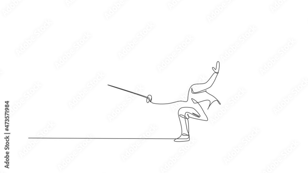 Animated self drawing of continuous line draw young woman fencing ...