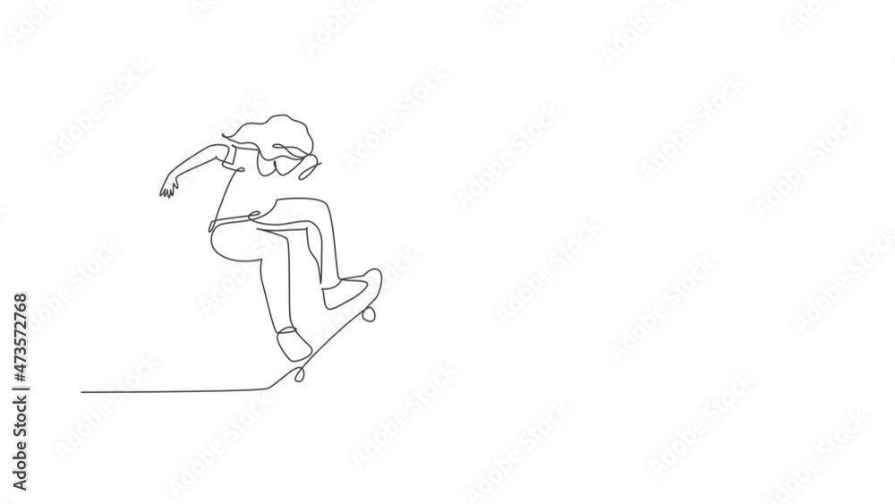 Animated self drawing of continuous line draw young cool skateboarder ...