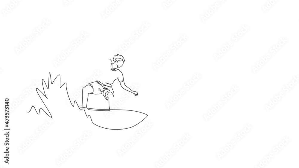 Animation of one line drawing of young sporty surfer man riding on big ...