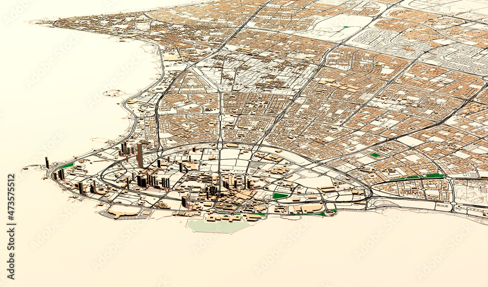 Satellite view of Kuwait city, Kuwait. Streets and buildings, map, city ...