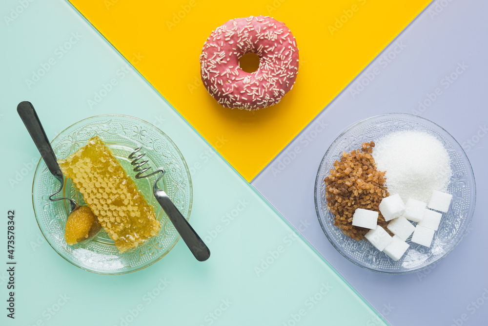 Healthy vs unhealthy sugar, Three Colorful background with sweet ...
