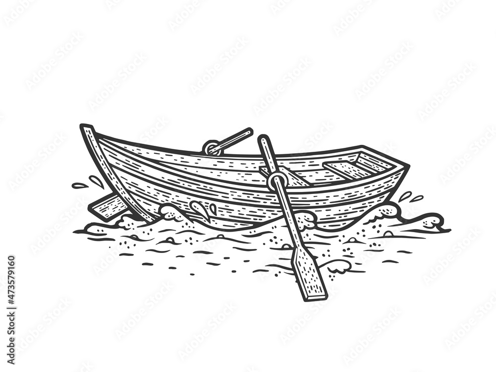 Wooden boat on water waves sketch engraving vector illustration. T ...