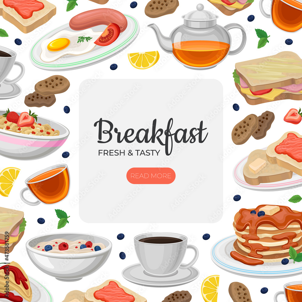 Breakfast food web banner template. Fresh and nutritious morning food ...