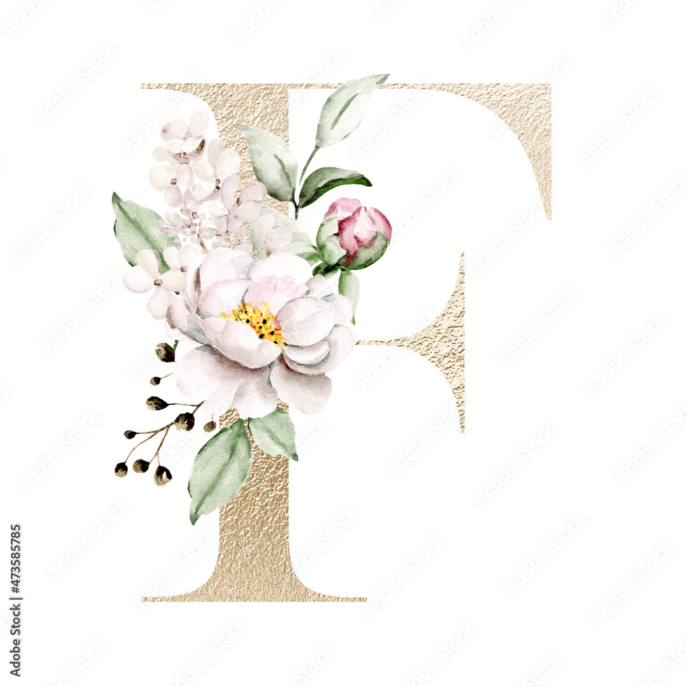 Floral alphabet, gold letter f with watercolor flowers and leaf. Golden ...