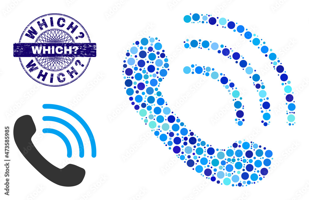 Circle collage phone call icon and WHICH? round grunge stamp seal. Blue ...