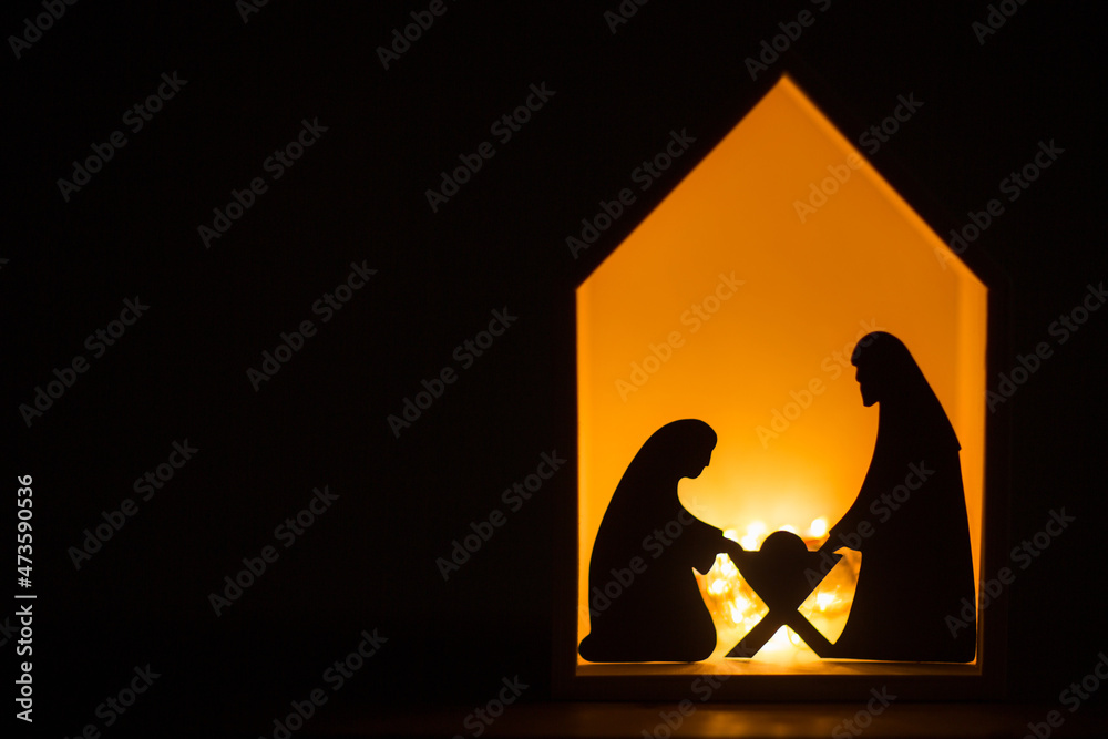 christmas native scene. shadows silhouettes of Saints Joseph and Mary ...