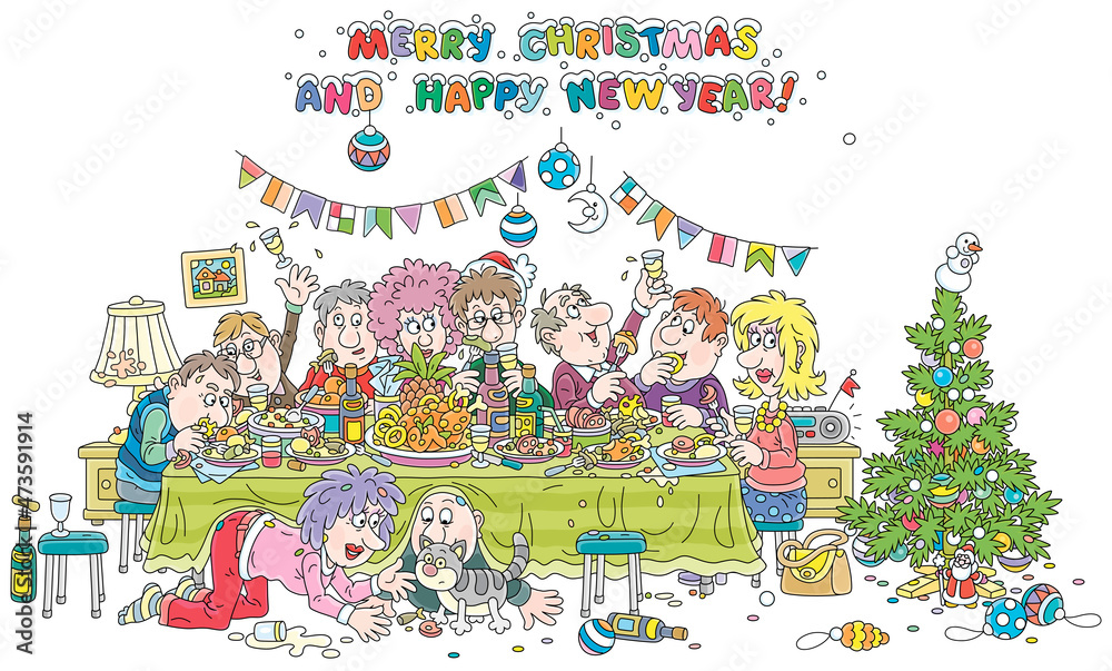 Joyous New Year celebration with a decorated Christmas tree, funny ...