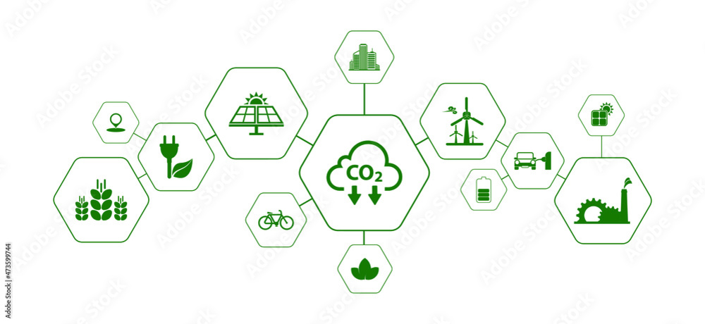 reducing CO2 emissions to stop climate change. green energy background ...