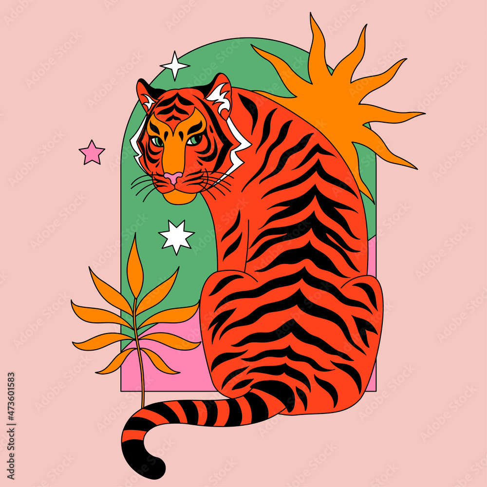 Cute Tiger, Sun, plant, stars, arch. Modern abstract art. Boho style ...