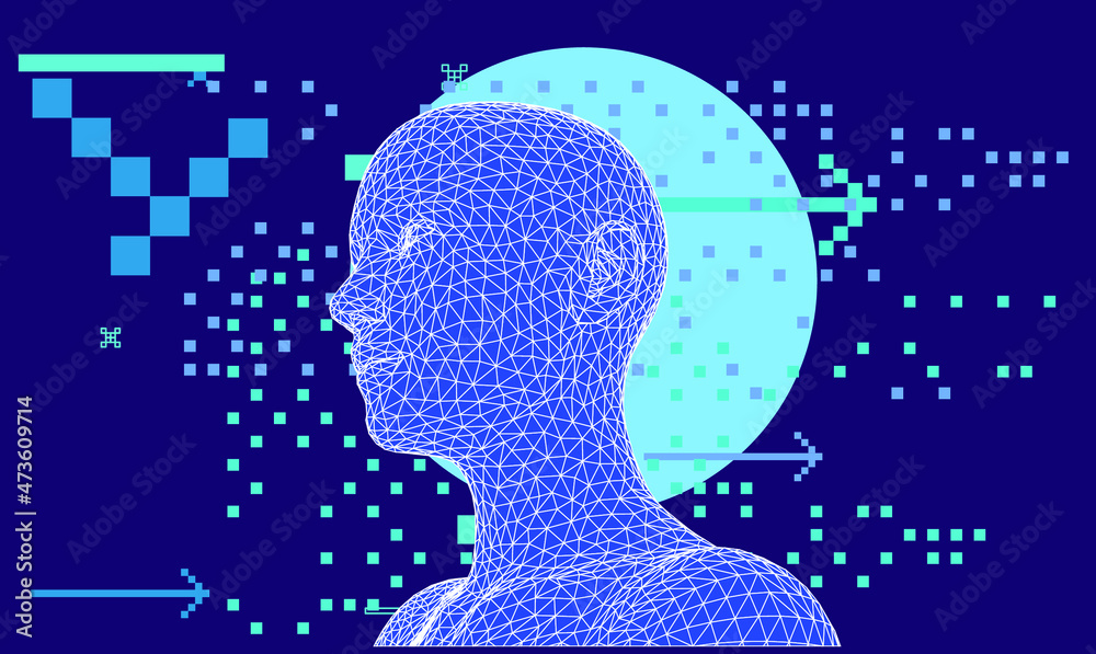 3D low poly wireframe model of a human head made of triangular pieces ...