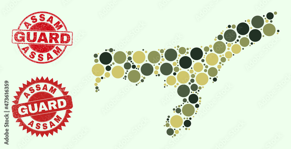 Vector spheric elements mosaic Assam State map in khaki hues, and ...
