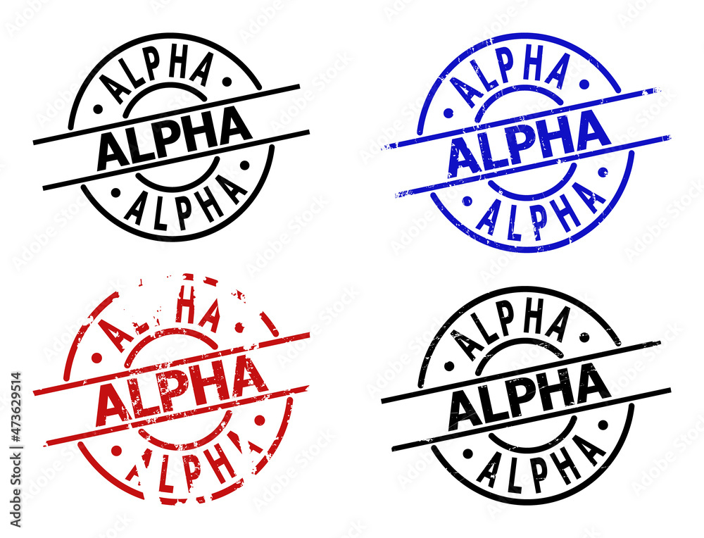 ALPHA stamp versions. ALPHA title is between parallel lines inside ...